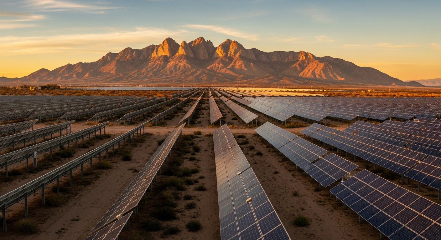 Clean energy farm in New Mexico with Organ Mountains